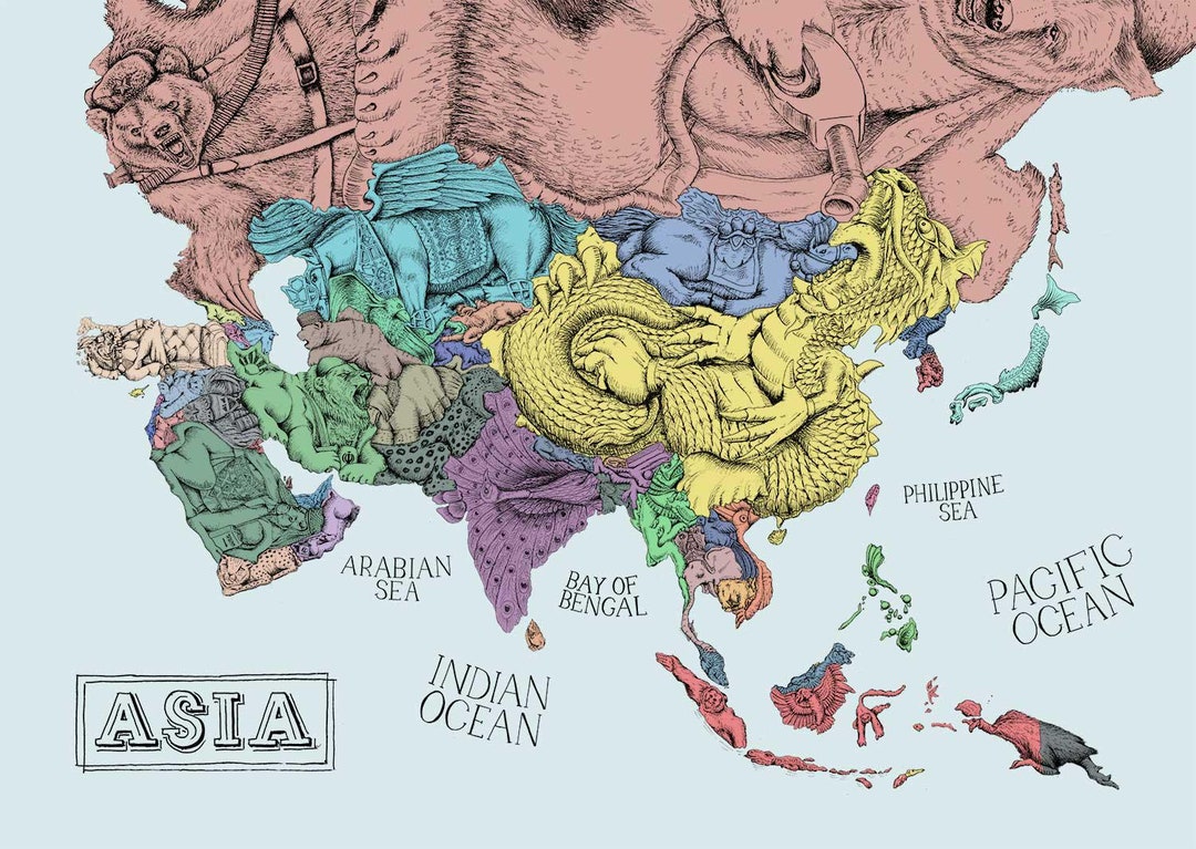 Illustrated Asia Map Prints, Hand Drawn in Pen and Ink - Etsy