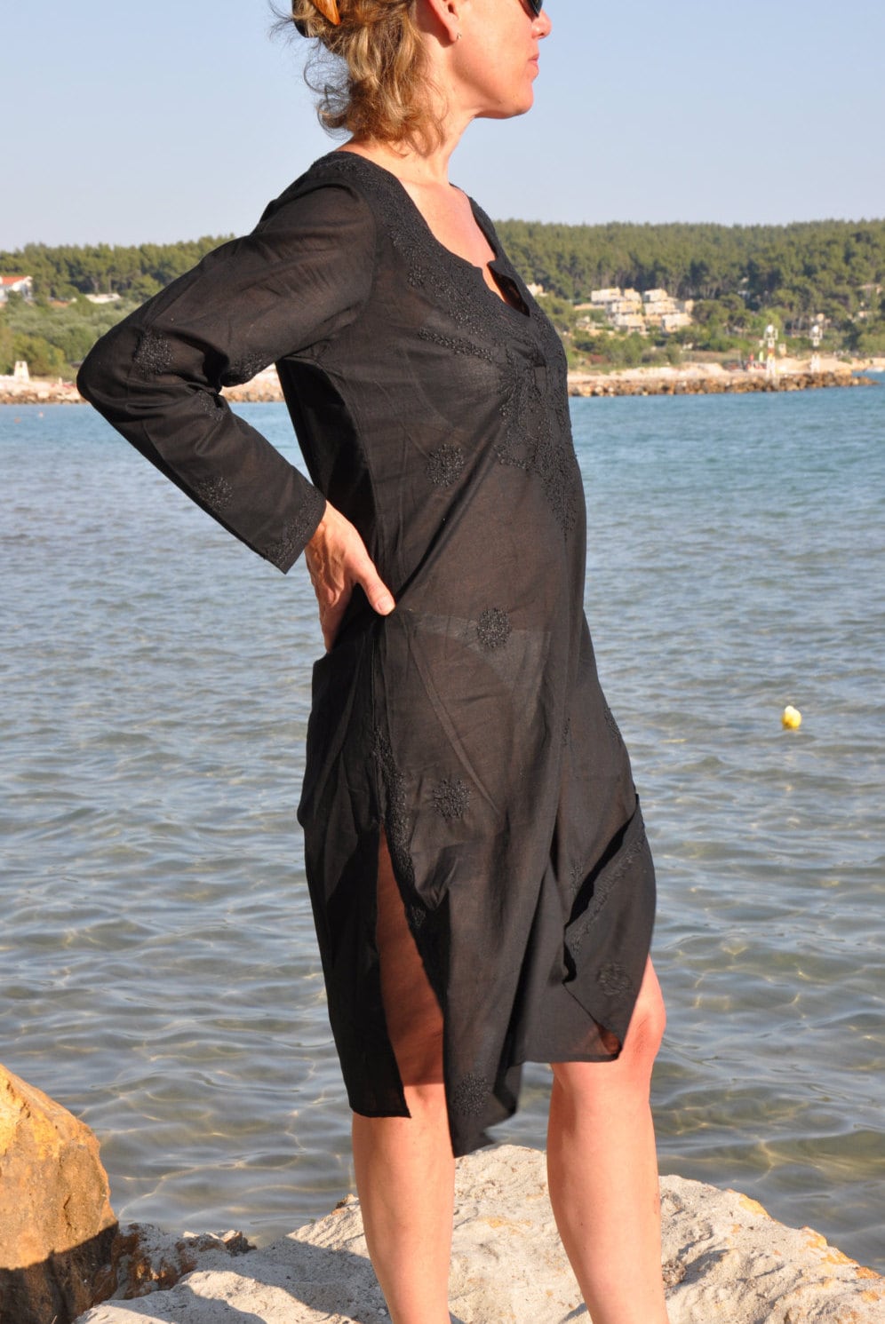 Black Beach Cover Up, Beach Kaftan / Caftan With Hand Embroidery - Knee ...