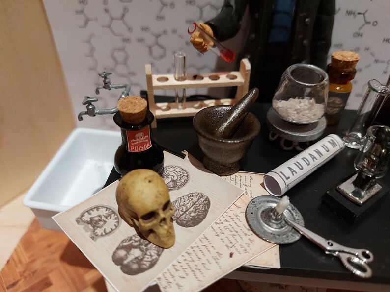 Dollhouse Chemistry Laboratory, Miniature Laboratory Table Inspired by ...