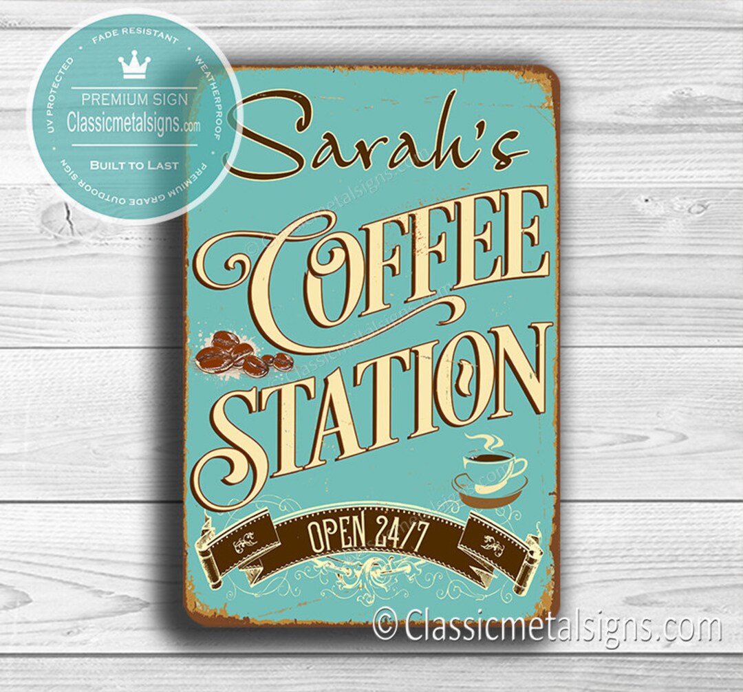 CUSTOM COFFEE STATION Sign, Personalized Coffee Station Sign, Vintage ...