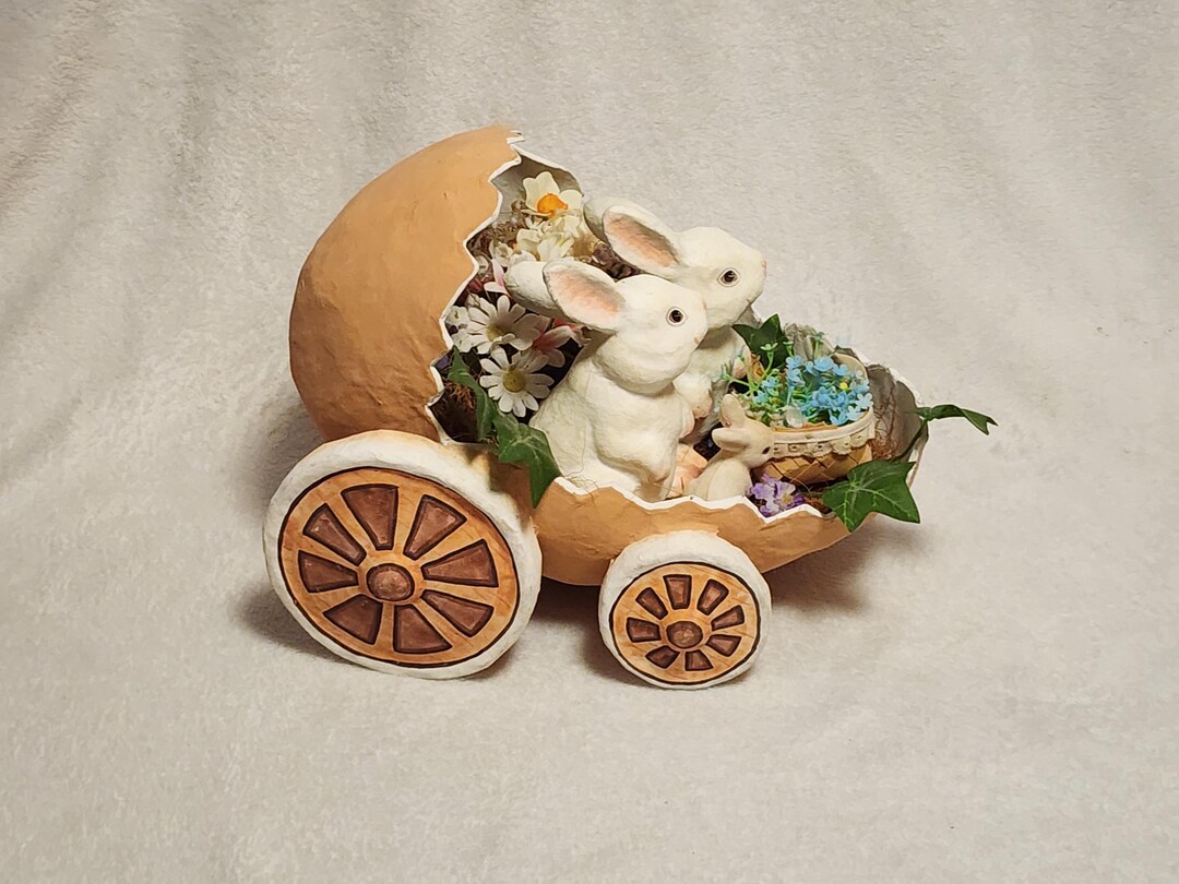 Vintage Paper Mache Easter Bunny Family in Easter Egg Car Plaster of ...