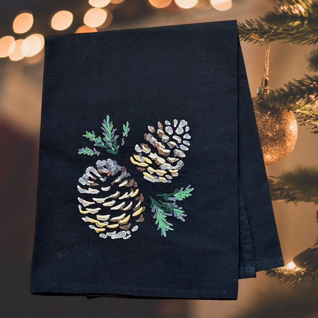Christmas Pinecone Kitchen Towel - Black or White Holiday Dish Towel ...