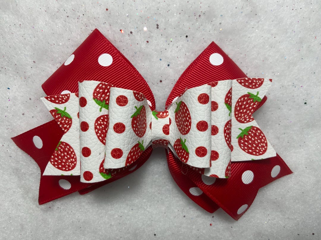 Red Strawberry Grosgrain & Fabric Sheet Bow-5”layered -alligator Clip ...