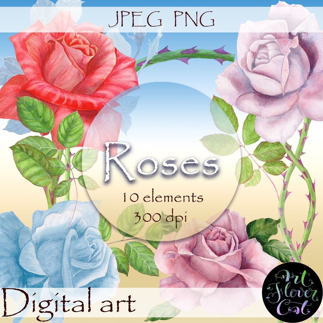 Digital Clipart Roses Watercolor Print Set Flowers, Leaves, Branches 10 ...