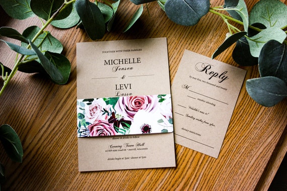 Custom Kraft Floral Wrap Wedding Invitation Invite | Etsy