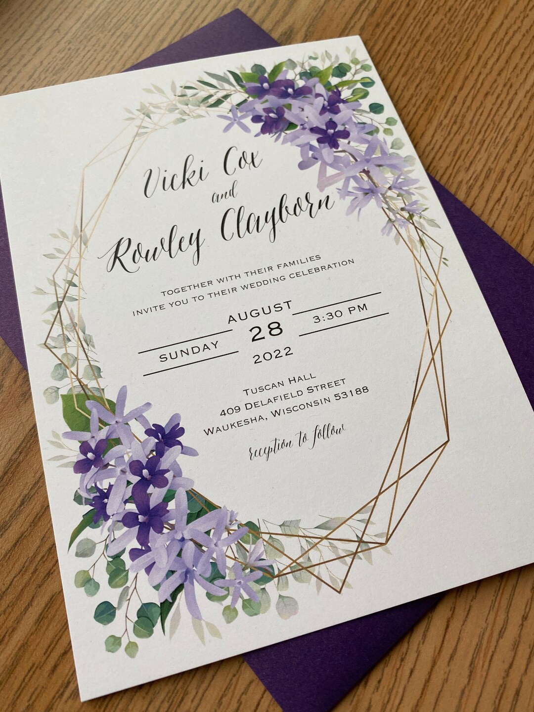 Lilac & Gold Accent Wedding Invitation, Purple Floral, Geometric ...