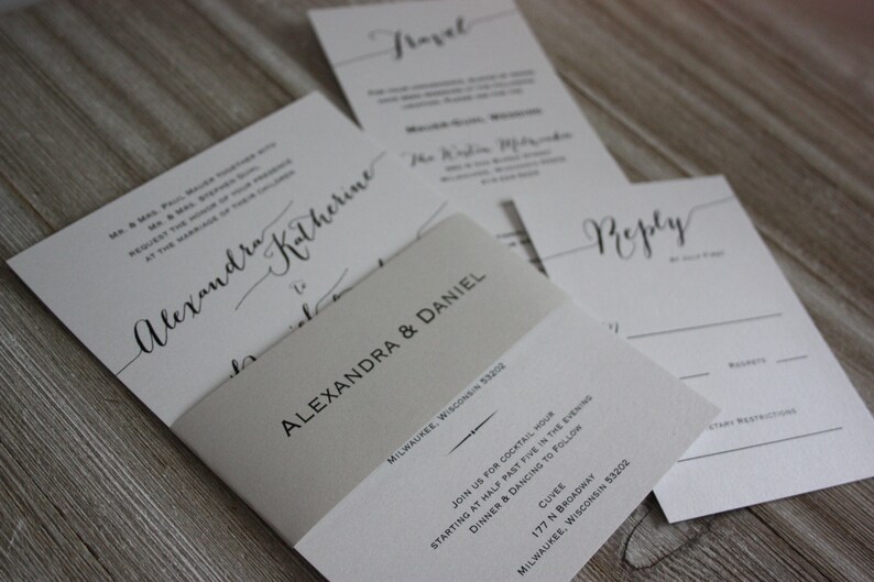 Custom Elegant White Black Wedding Invitation, Watermark, Metallic ...