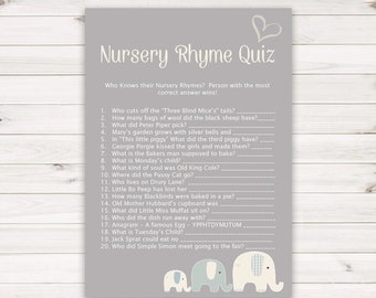 Elephant Nursery Rhyme Quiz Baby Shower Game - Baby Blue Elephant ...