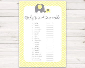 Yellow Elephant Word Scramble Baby Shower Game Elephant Baby Shower ...