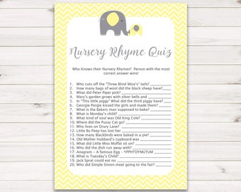 Elephant Nursery Rhyme Quiz Baby Shower Game - Baby Blue Elephant ...