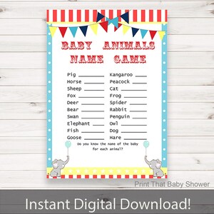 Baby Shower Games - Baby Animals Name Game - Circus Baby Shower ...