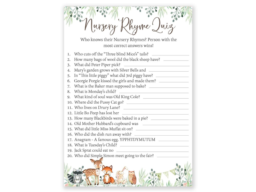 Nursery Rhyme Quiz Game - Baby Shower Game - Woodland Baby Shower - Fox ...