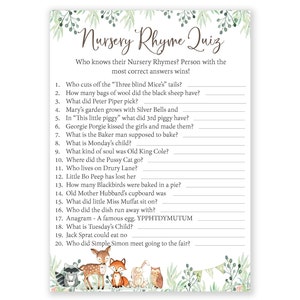 Nursery Rhyme Quiz Game - Baby Shower Game - Woodland Baby Shower - Fox ...