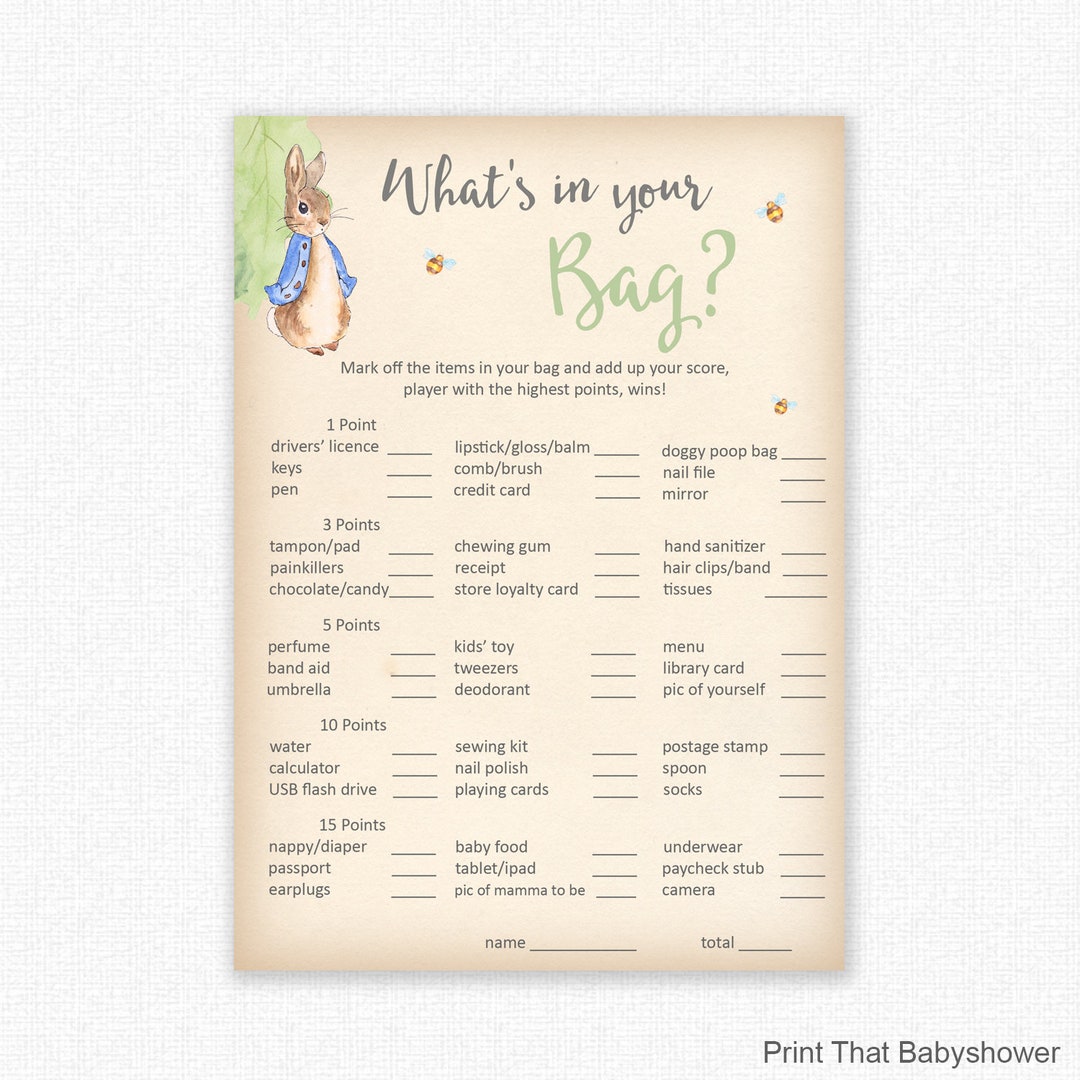 What's in Your Purse Game? - Baby Shower Games - Peter Rabbit Baby ...