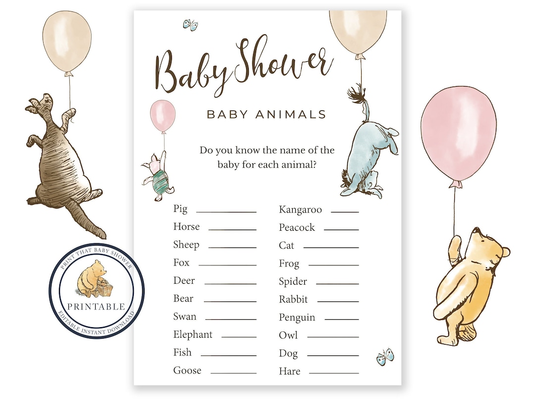 Baby Shower Games - Baby Animals Name Game - Classic Winnie the Pooh ...