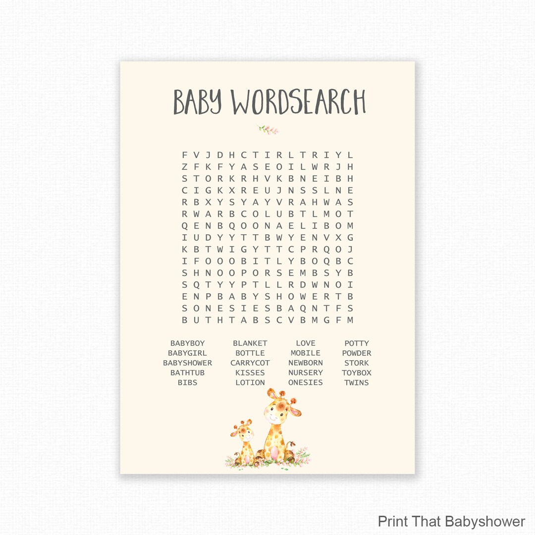 Baby Shower Games - Baby Shower Word Search Game - Giraffe Baby Shower ...