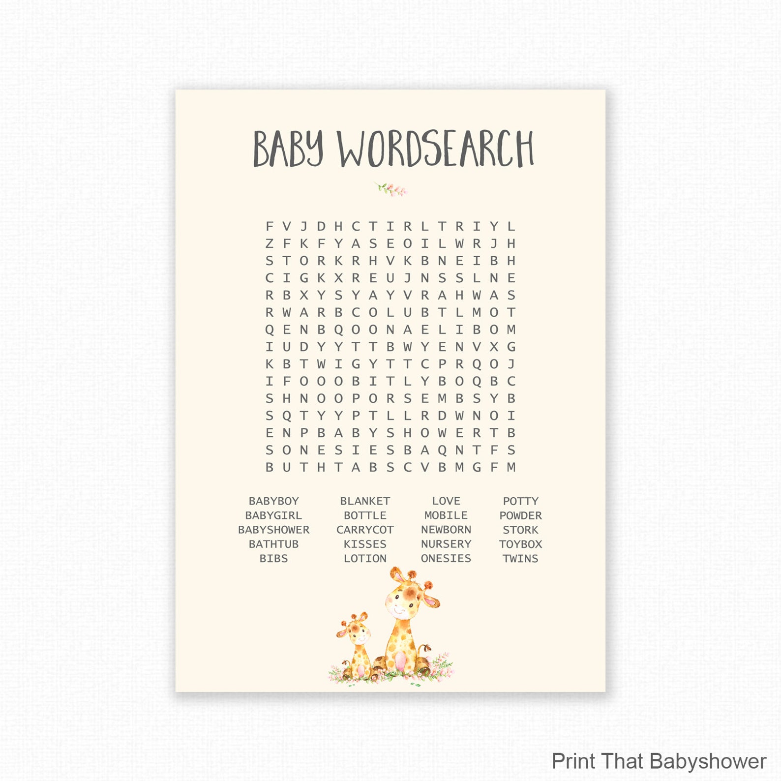 Baby Shower Games - Baby Shower Word Search Game - Giraffe Baby Shower ...