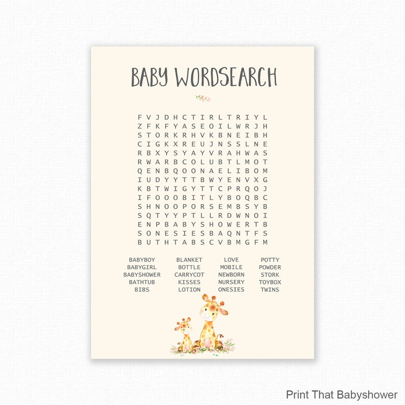 Baby Shower Games Baby Shower Word Search Game Giraffe - Etsy