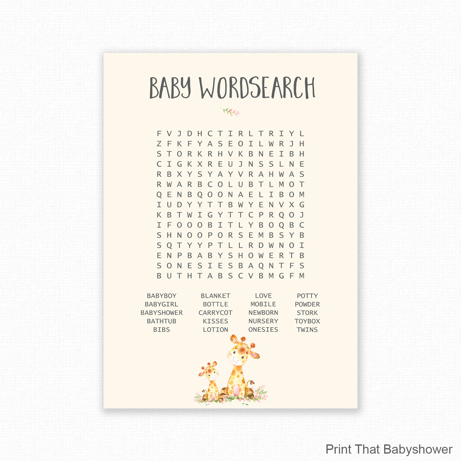 Baby Shower Games - Baby Shower Word Search Game - Giraffe Baby Shower ...