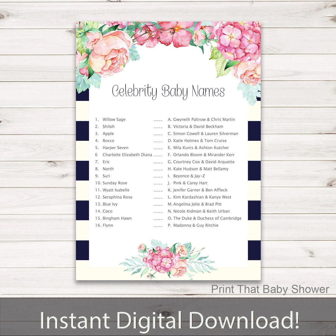 Baby Shower Games - Celebrity Baby Names Game - Floral Baby Shower ...