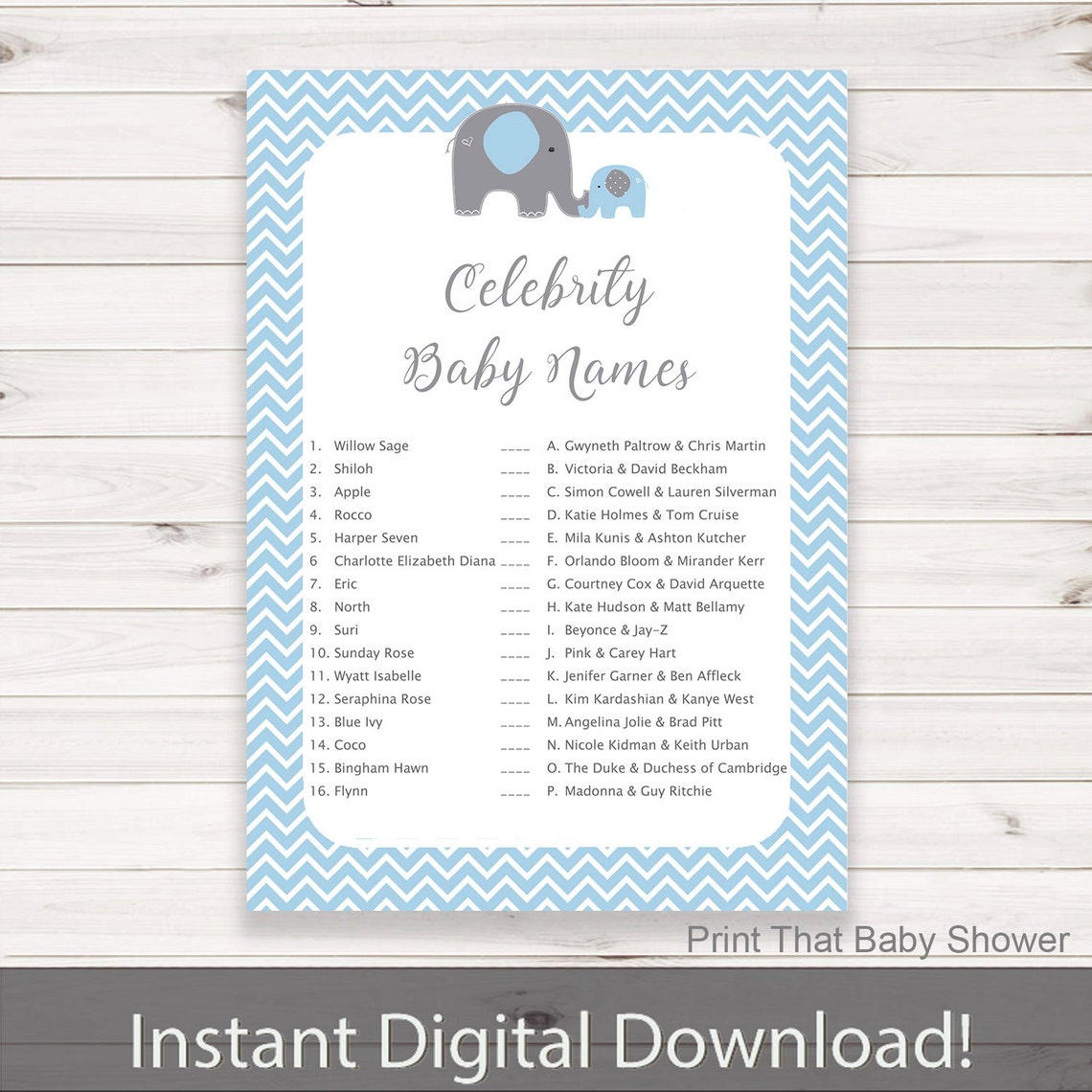 Baby Shower Games - Celebrity Baby Names Game - Blue Elephant Baby ...