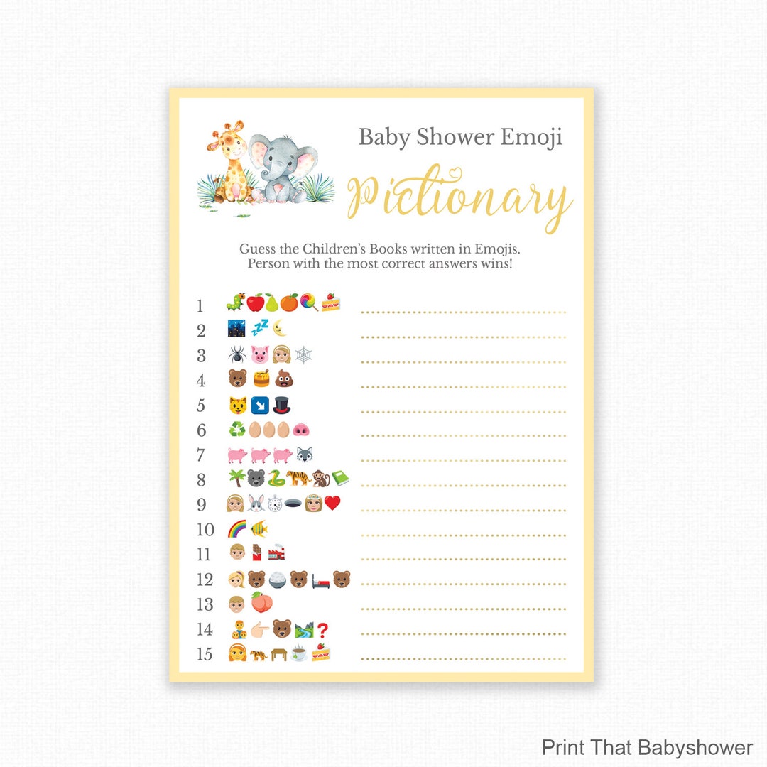 Baby Shower Games - Emoji Pictionary Game - Printable - Elephant and ...
