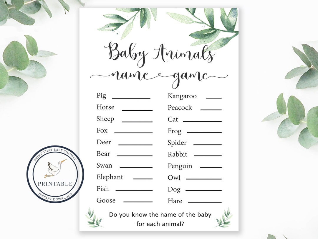 Baby Shower Games Baby Animals Name Game Greenery Baby Shower Greenery ...