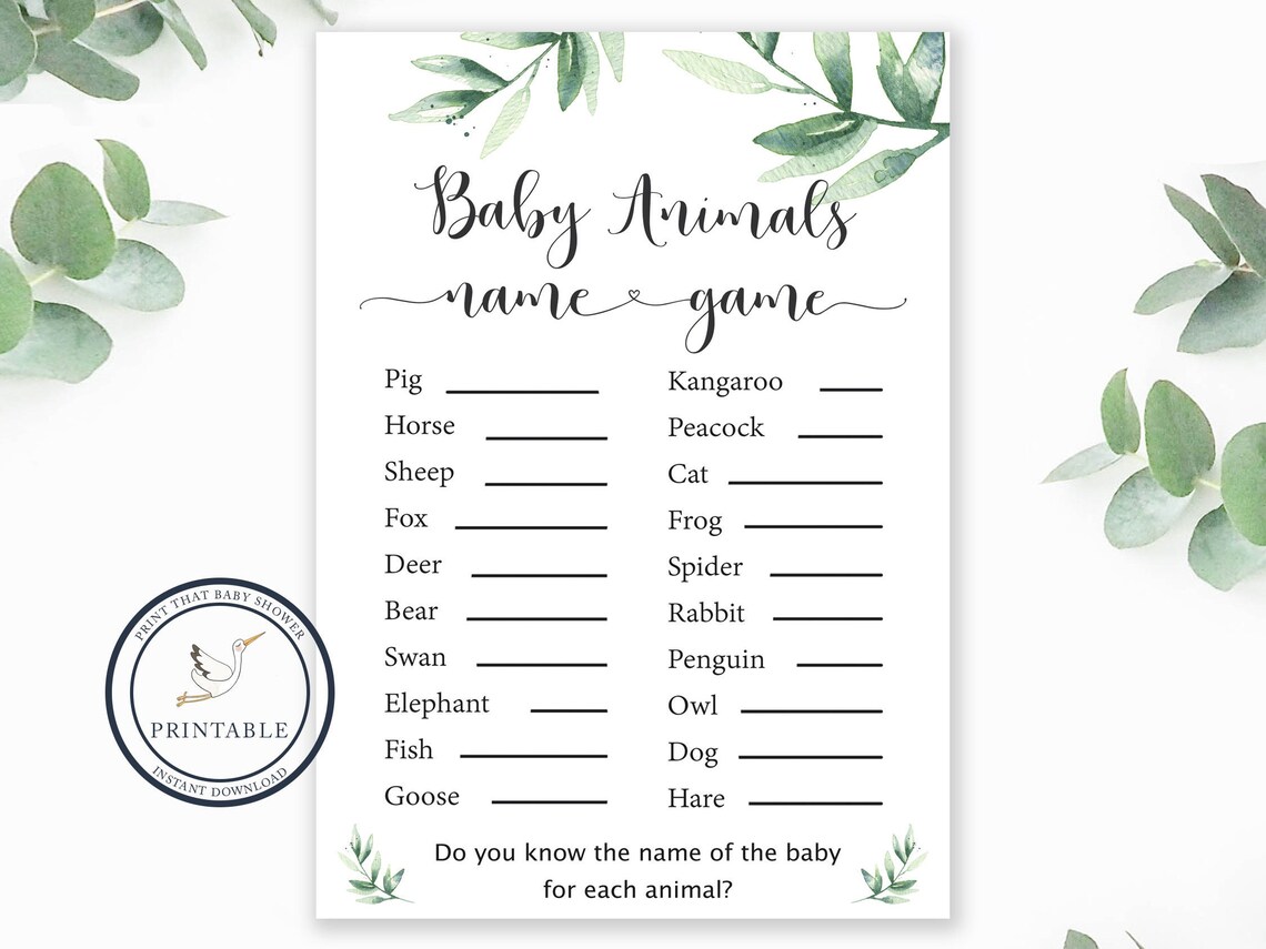 Baby Shower Games - Baby Animals Name Game - Greenery Baby Shower ...