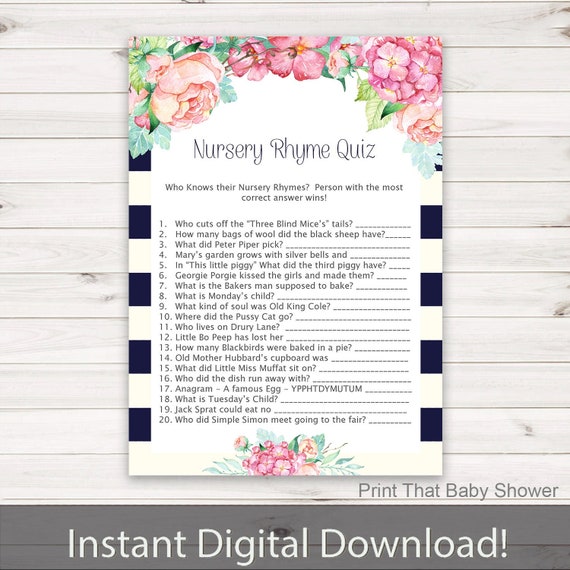 Baby Shower Games - Nursery Rhyme Quiz Game - Floral Baby Shower ...