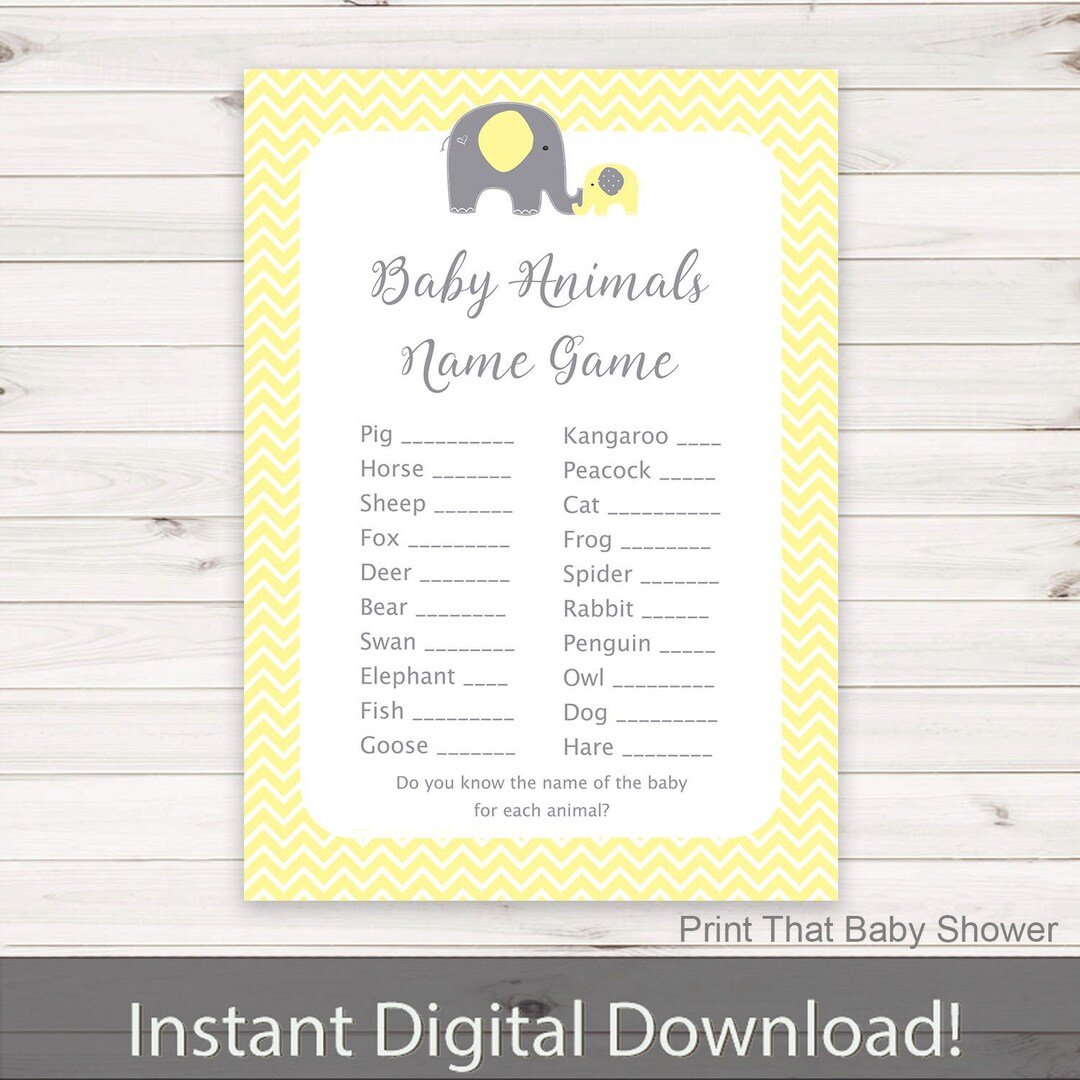 Baby Shower Games - Baby Animals Name Game - Yellow Elephant Baby ...