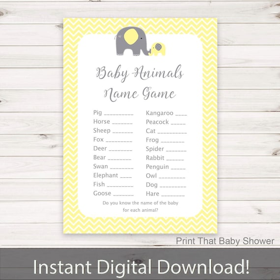 Baby Shower Games - Baby Animals Name Game - Yellow Elephant Baby ...