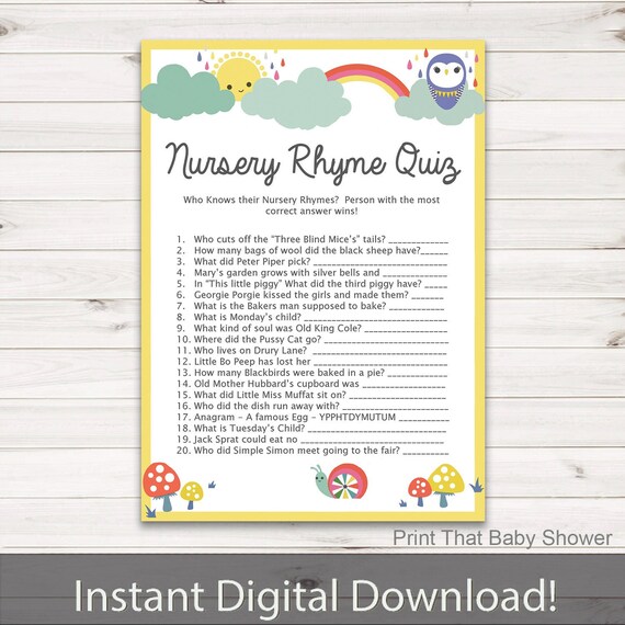 Baby Shower Games - Nursery Rhyme Quiz Game - Rainbow Baby Shower ...
