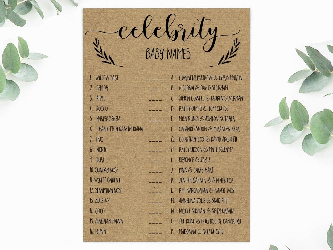 Celebrity Baby Names Game - Baby Shower Games - Rustic Baby Shower ...