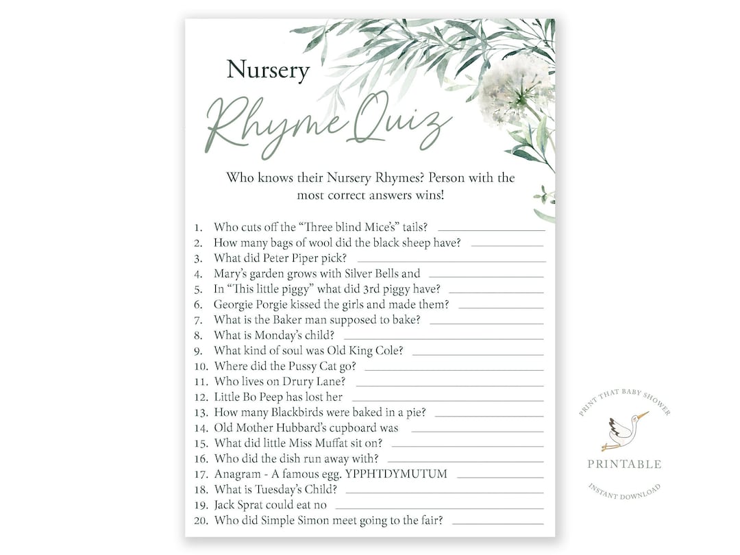 Nursery Rhyme Quiz Baby Shower Game - Botanical Floral Greenery - Etsy