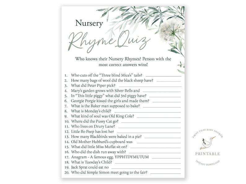 Nursery Rhyme Quiz Baby Shower Game - Botanical Floral Greenery - Etsy