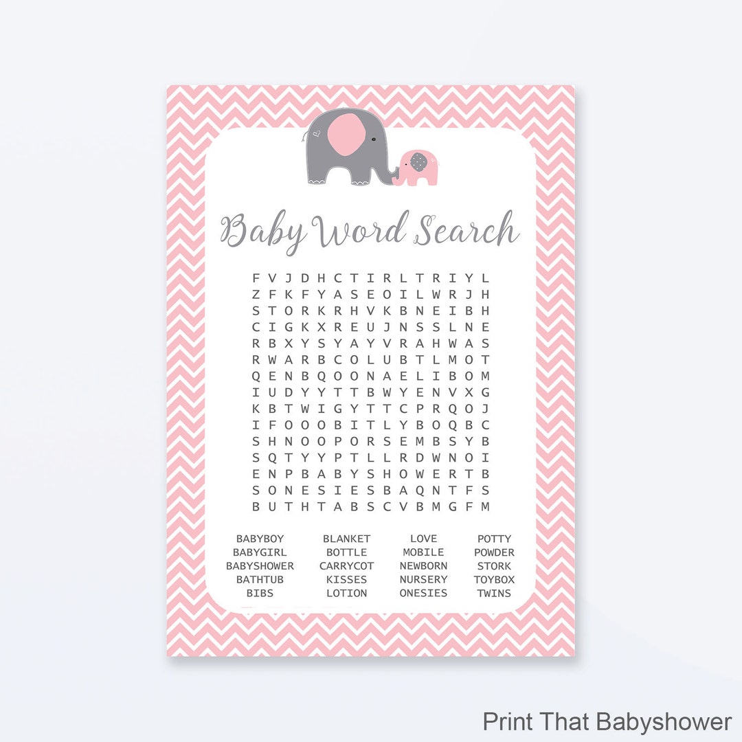 Baby Shower Games - Baby Shower Word Search Game - Pink Elephant Baby ...