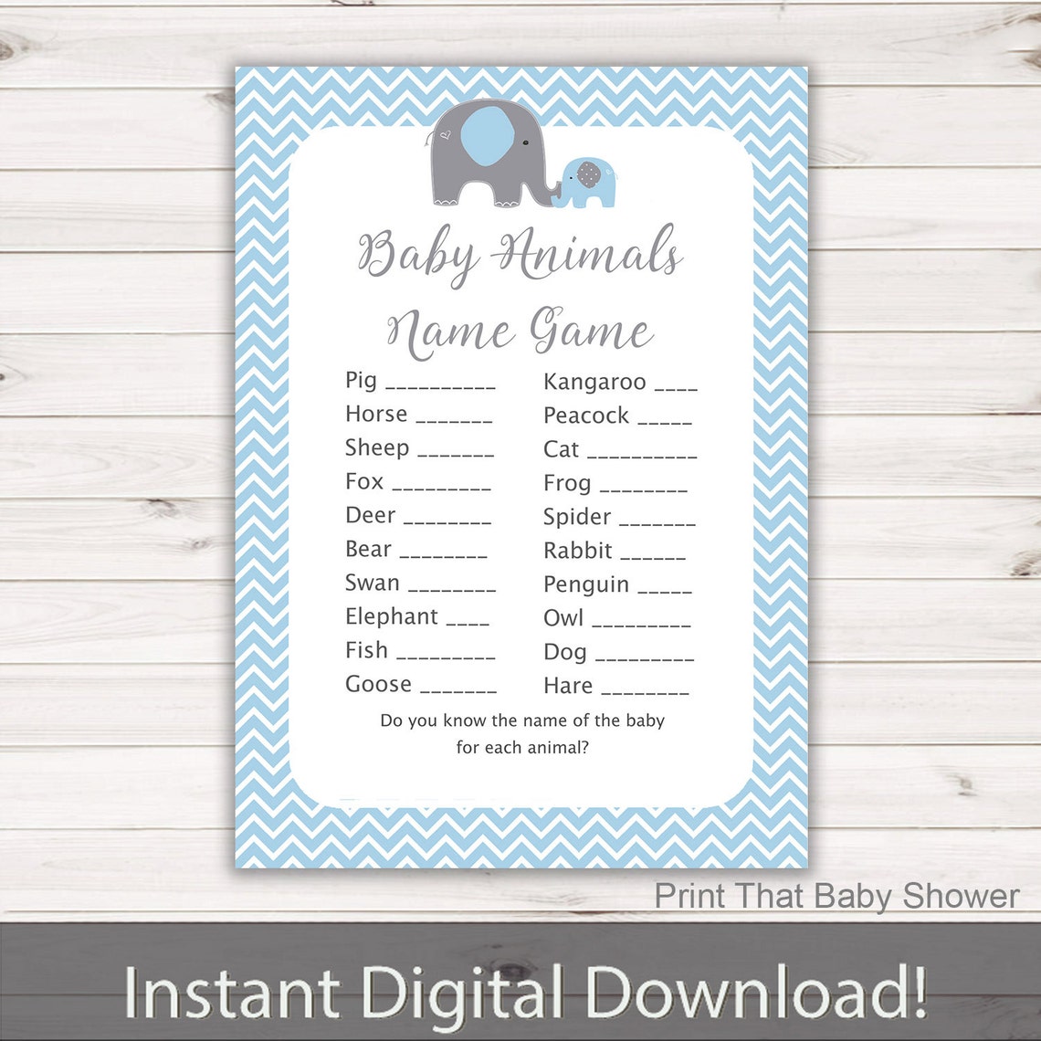 Blue Elephant Baby Shower Game Blue Elephant Baby Animals | Etsy