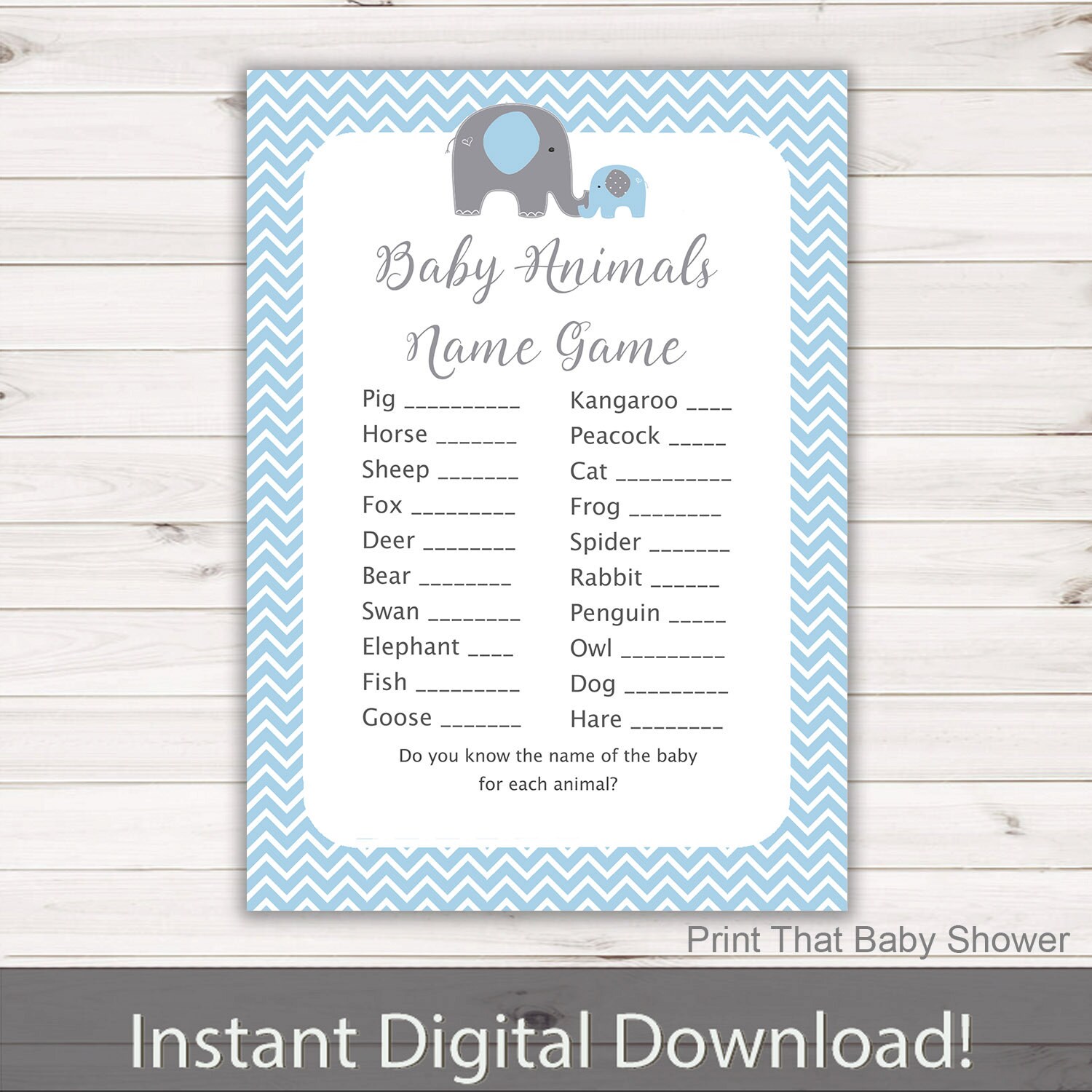 Blue Elephant Baby Shower Game Blue Elephant Baby Animals | Etsy