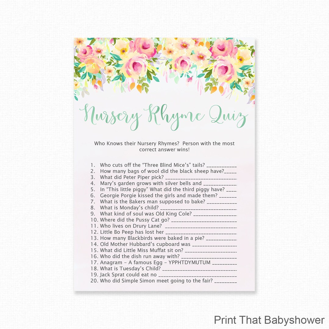 Baby Shower Games - Nursery Rhyme Quiz Game - Floral Baby Shower ...