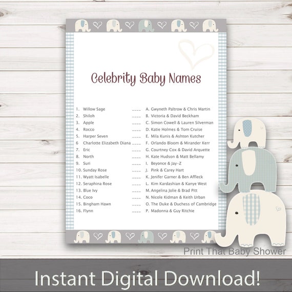 Baby Shower Games - Celebrity Baby Names Game - Elephant Baby Shower ...