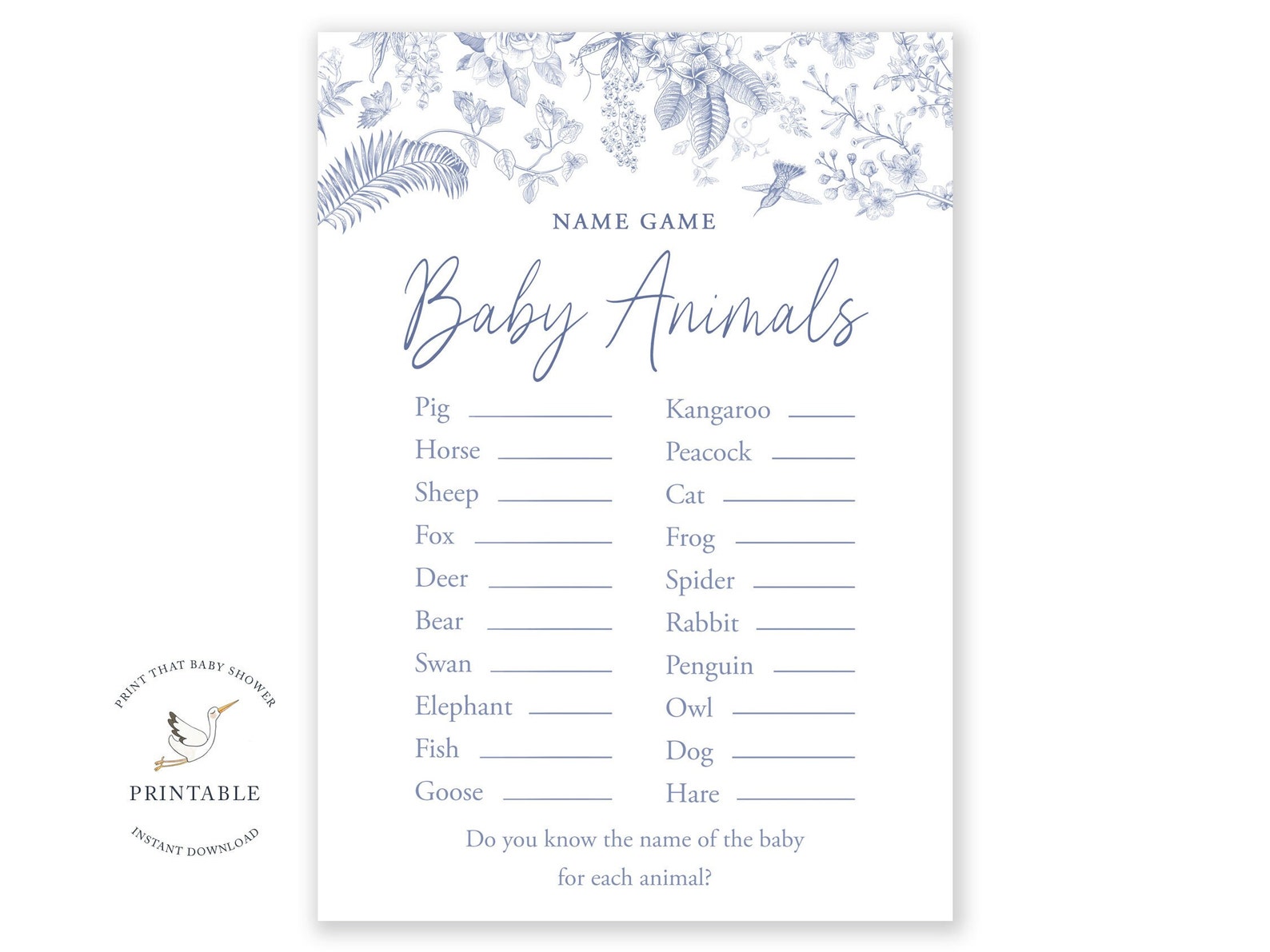 Baby Shower Games - Baby Animals Name Game - Chinoiserie Baby Shower ...