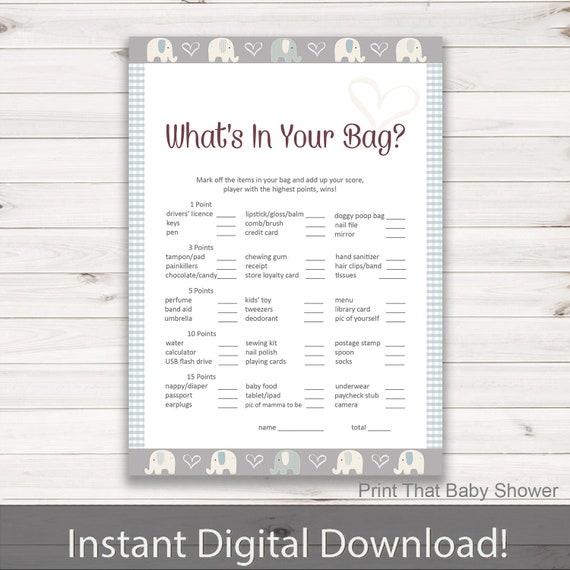 Baby Shower Games - What's In Your Purse Game? - Elephant Baby Shower ...