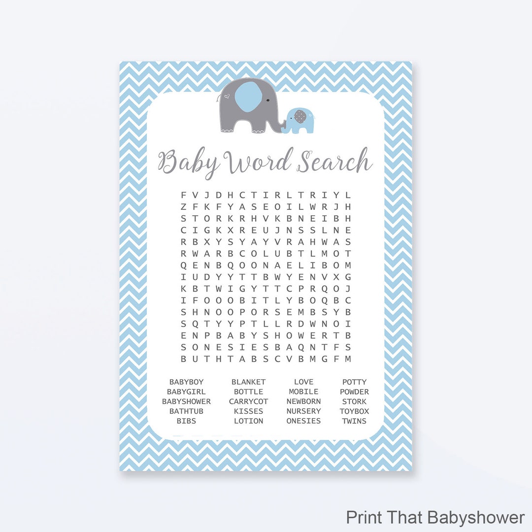 Baby Shower Games - Baby Showerword Search Game - Blue Elephant Baby ...