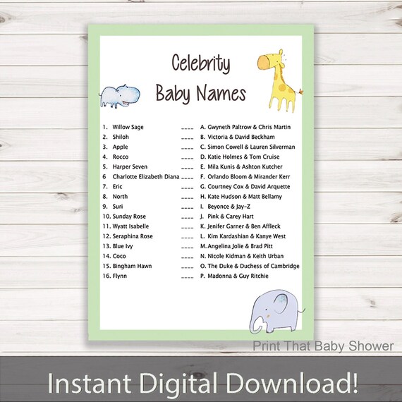 Baby Shower Games - Celebrity Baby Names Game - Jungle Baby Shower ...