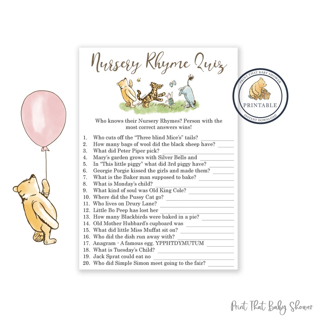 Nursery Rhyme Quiz Baby Shower Game - Winnie the Pooh - Etsy