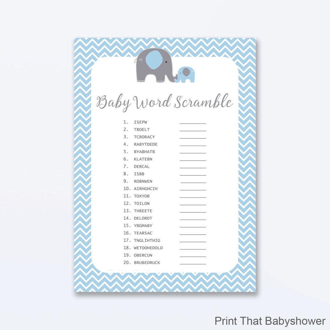 Baby Shower Games - Baby Word Scramble Game - Blue Elephant Baby Shower ...