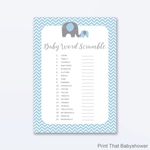 Baby Shower Games - Baby Word Scramble Game - Blue Elephant Baby Shower ...