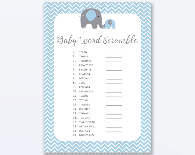 Baby Shower Games Baby Word Scramble Game Blue Elephant - Etsy