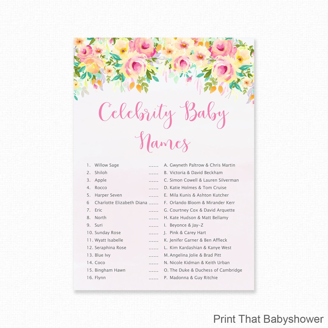 Baby Shower Games - Celebrity Baby Names Game - Floral Baby Shower ...