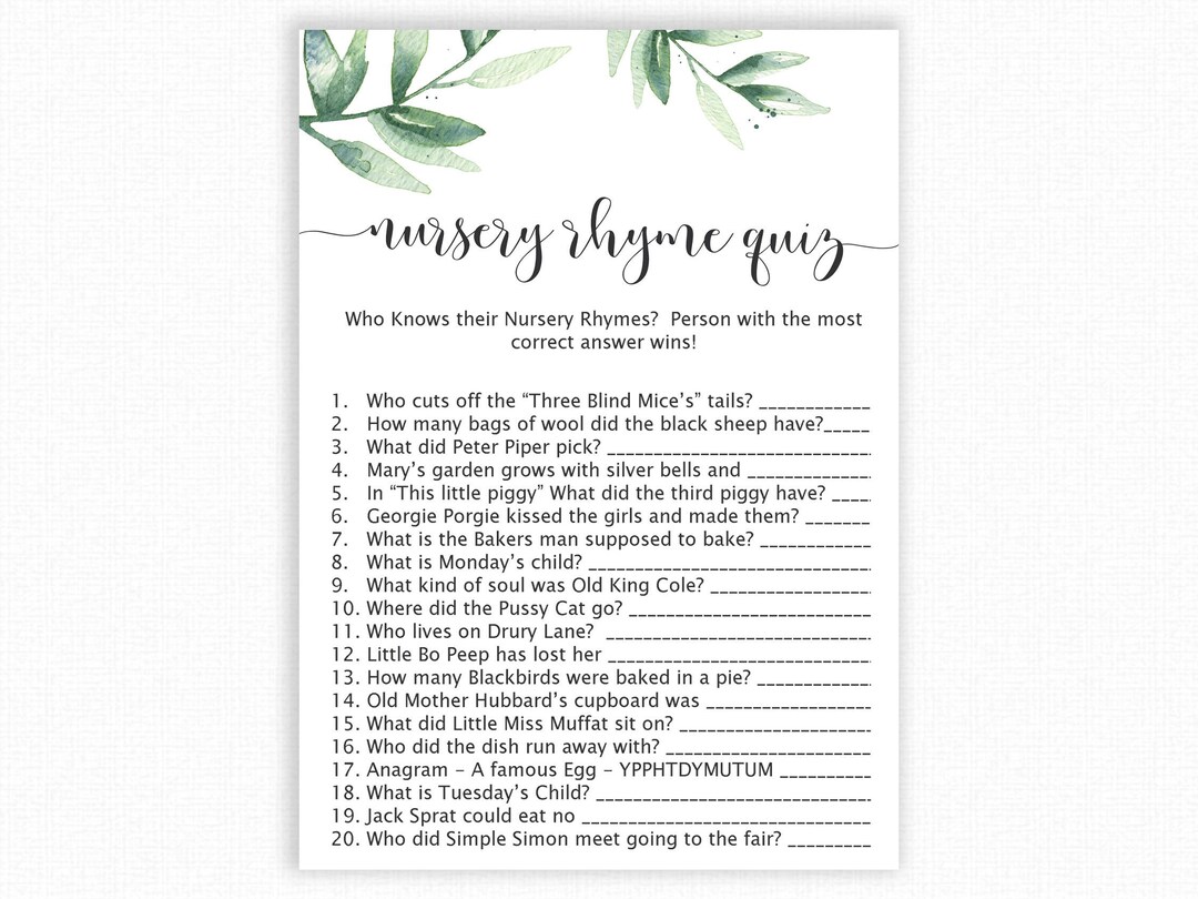 Botanical Nursery Rhyme Quiz Game - Baby Shower Games - Greenery Baby ...